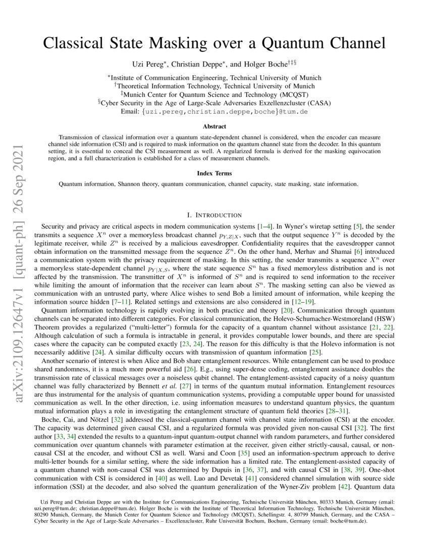 Classical State Masking over a Quantum Channel | DeepAI