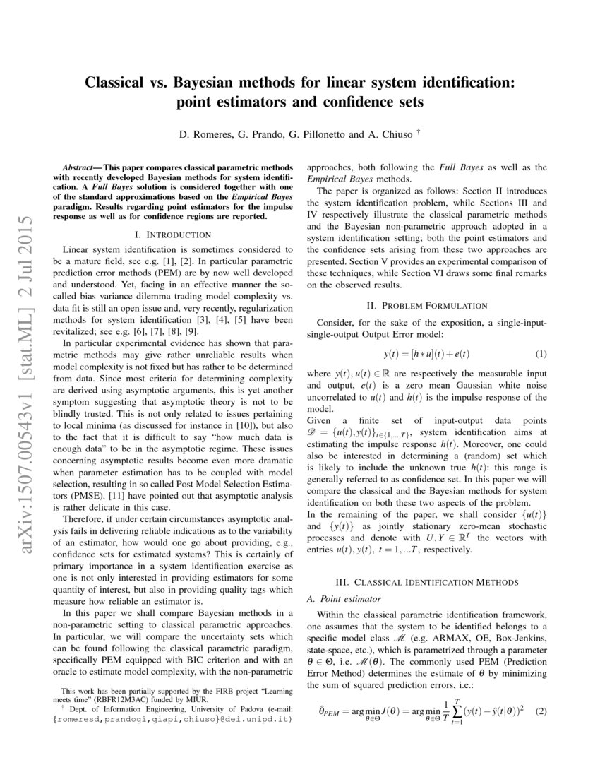 Classical Vs Bayesian Methods For Linear System Identification Point Estimators And Confidence