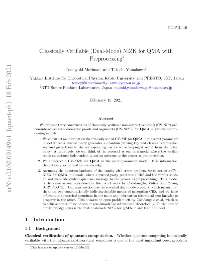 Classically Verifiable (Dual-Mode) NIZK for QMA with Preprocessing | DeepAI