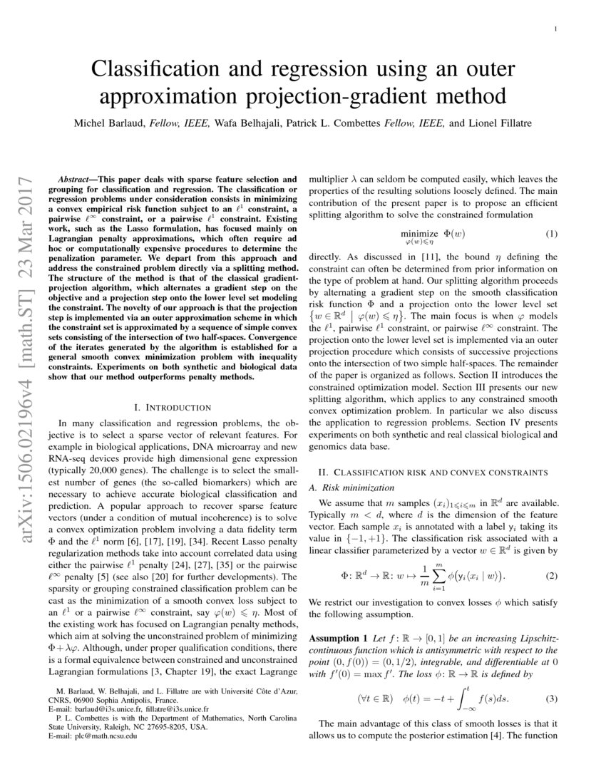 Classification And Regression Using An Outer Approximation Projection Gradient Method Deepai