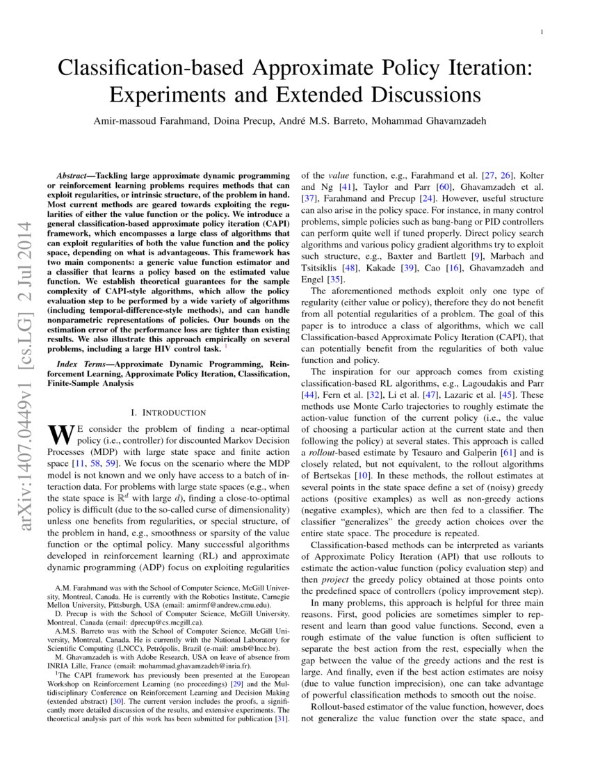 Classification Based Approximate Policy Iteration Experiments And 2110