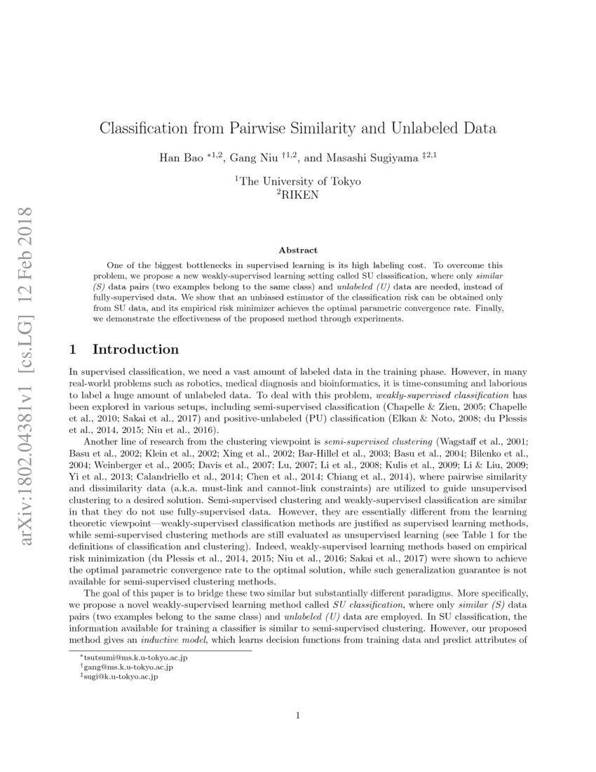 Classification from Pairwise Similarity and Unlabeled Data | DeepAI