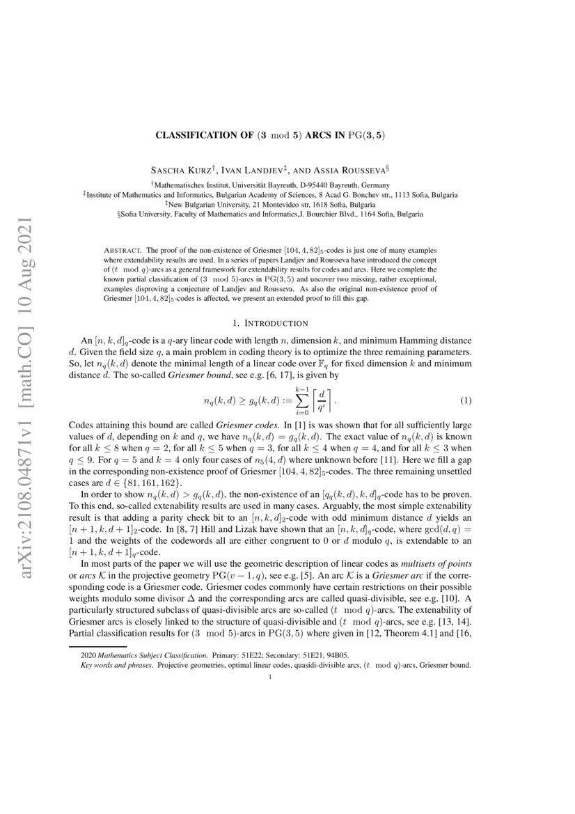 Classification of 3 mod 5 arcs in PG(3,5) | DeepAI