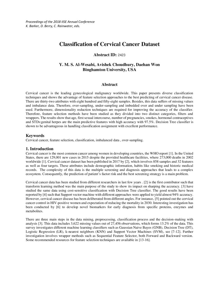 Classification Of Cervical Cancer Dataset Deepai