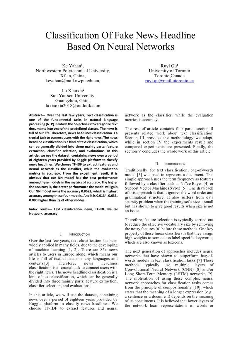 Classification Of Fake News Headline Based On Neural Networks | DeepAI