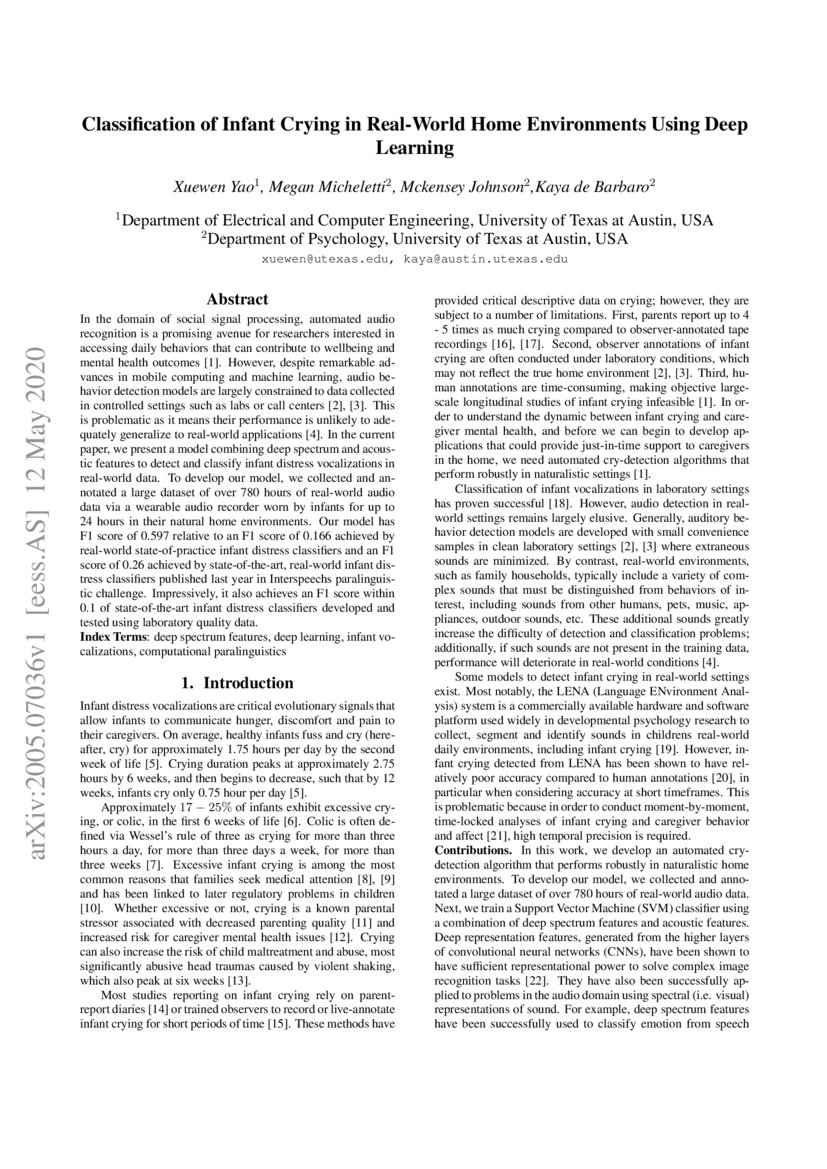 Classification Of Infant Crying In Real World Home Environments Using Deep Learning Deepai