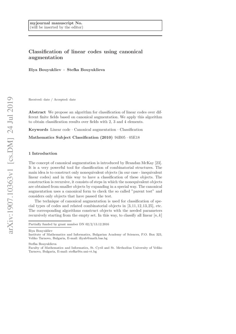 Classification of linear codes using canonical augmentation | DeepAI