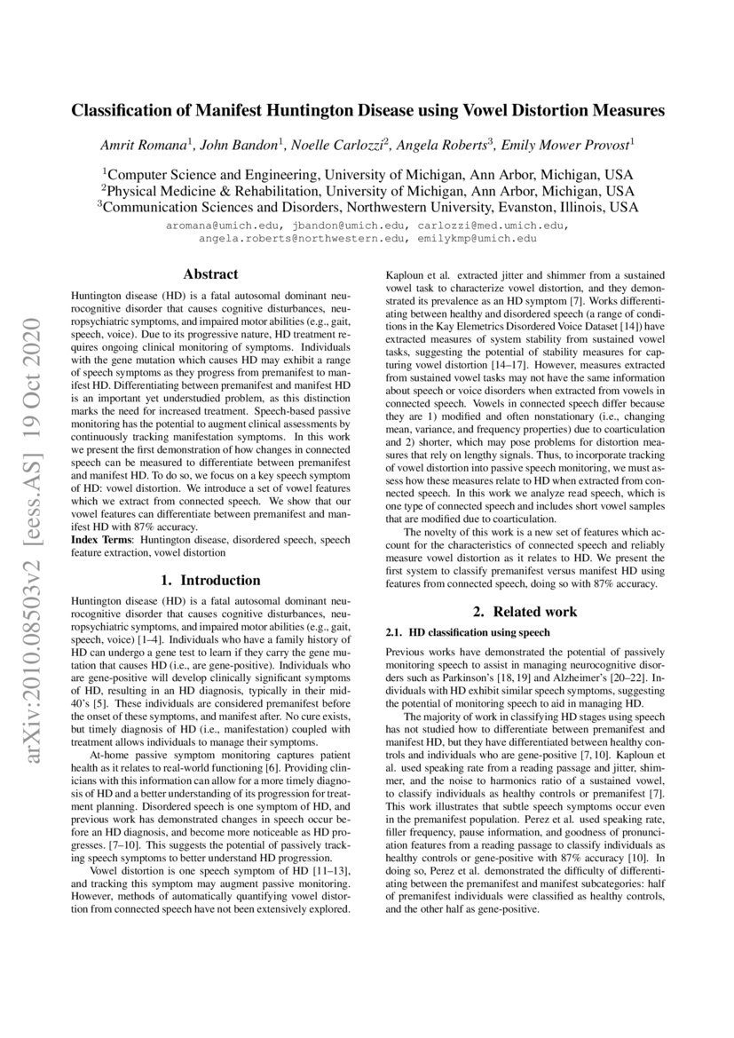 Classification of Manifest Huntington Disease using Vowel Distortion ...