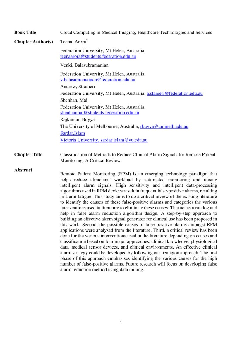 Classification of Methods to Reduce Clinical Alarm Signals for Remote ...