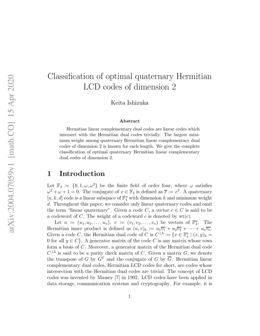 Classification of optimal quaternary Hermitian LCD codes of dimension 2 | DeepAI