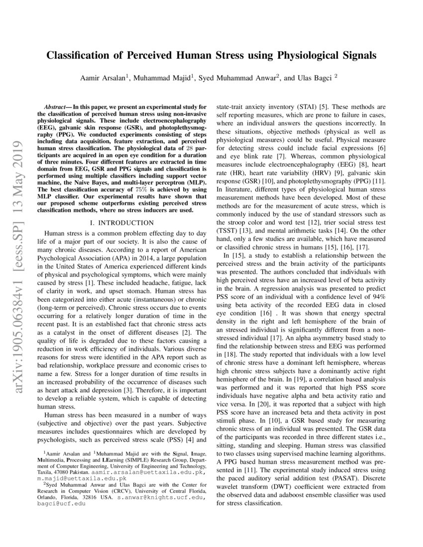 Classification of Perceived Human Stress using Physiological Signals | DeepAI