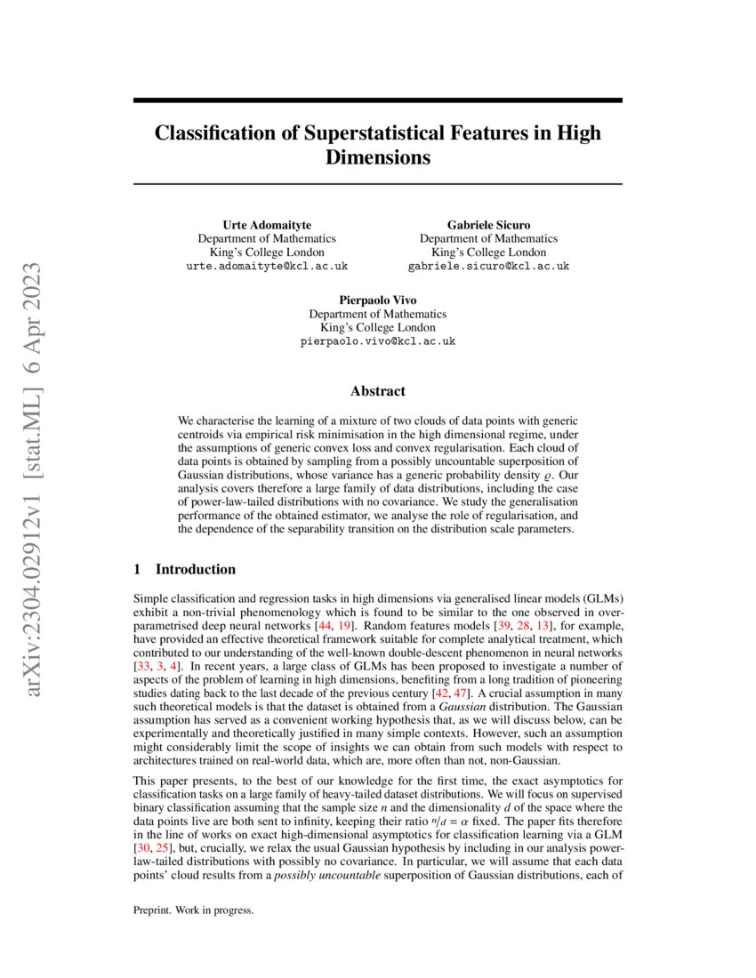 Classification of Superstatistical Features in High Dimensions | DeepAI