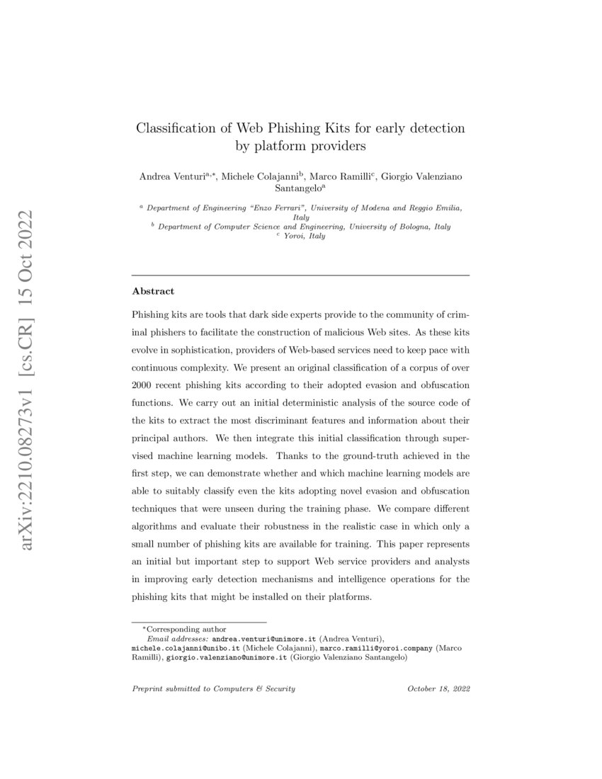 Classification Of Web Phishing Kits For Early Detection By Platform