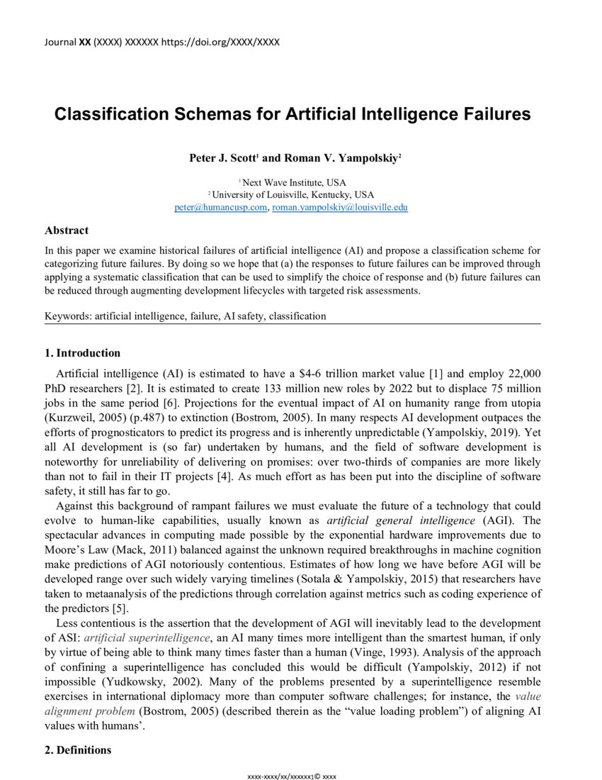 Classification Schemas for Artificial Intelligence Failures | DeepAI