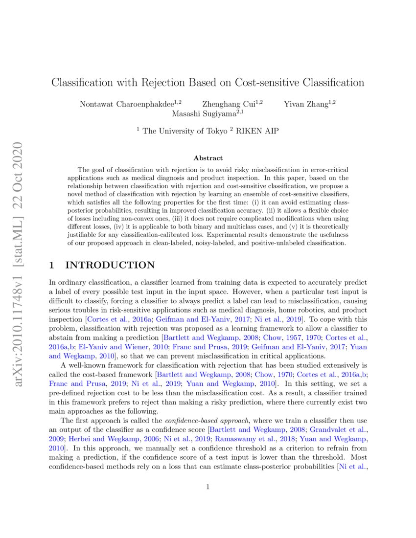 Classification with Rejection Based on Cost-sensitive Classification ...