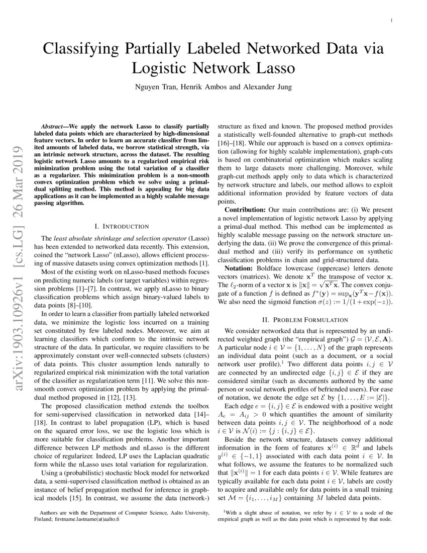 Classifying Partially Labeled Networked Data Via Logistic Network Lasso Deepai
