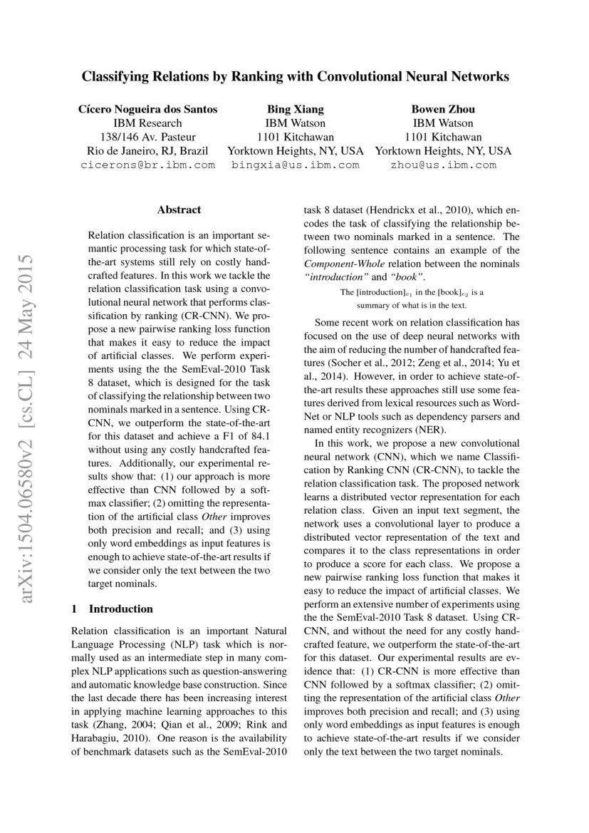 Classifying Relations by Ranking with Convolutional Neural Networks | DeepAI
