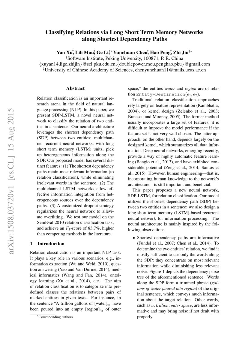 Classifying Relations Via Long Short Term Memory Networks Along Shortest Dependency Path Deepai