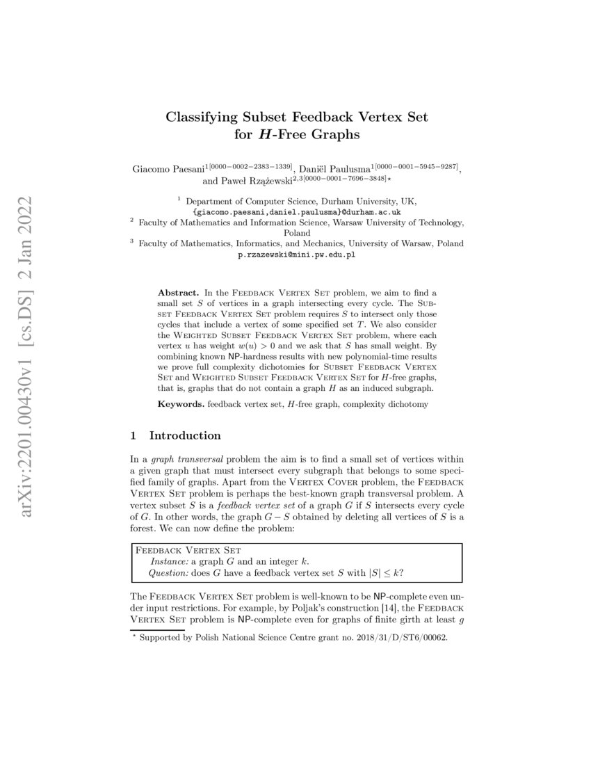 Classifying Subset Feedback Vertex Set for H-Free Graphs | DeepAI