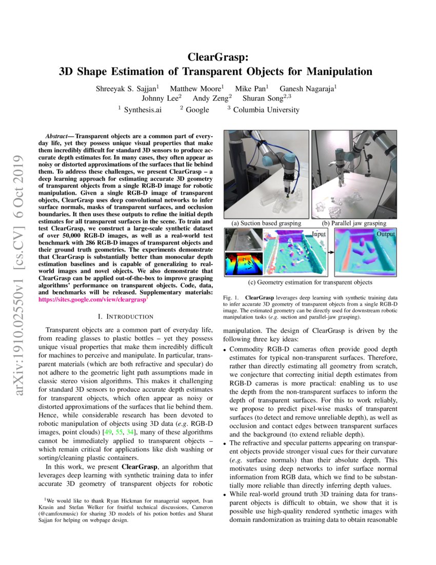 ClearGrasp: 3D Shape Estimation of Transparent Objects for Manipulation | DeepAI
