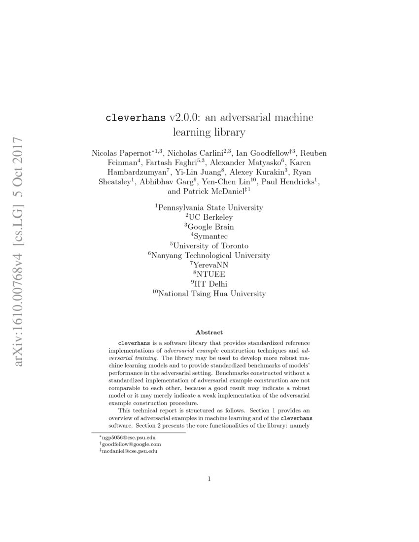 cleverhans v2.0.0: an adversarial machine learning library | DeepAI