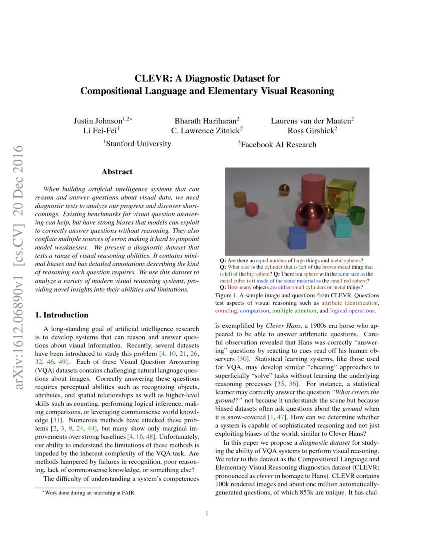 CLEVR: A Diagnostic Dataset for Compositional Language and Elementary ...