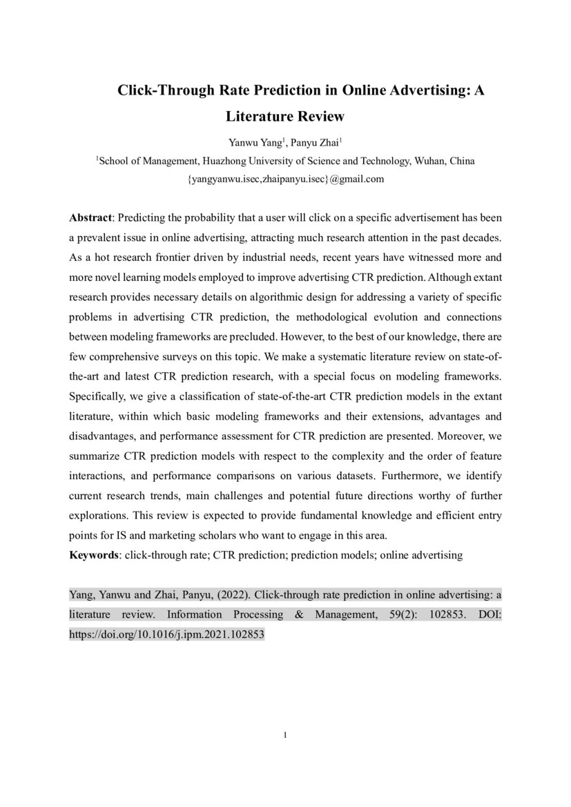 Click Through Rate Prediction In Online Advertising A Literature