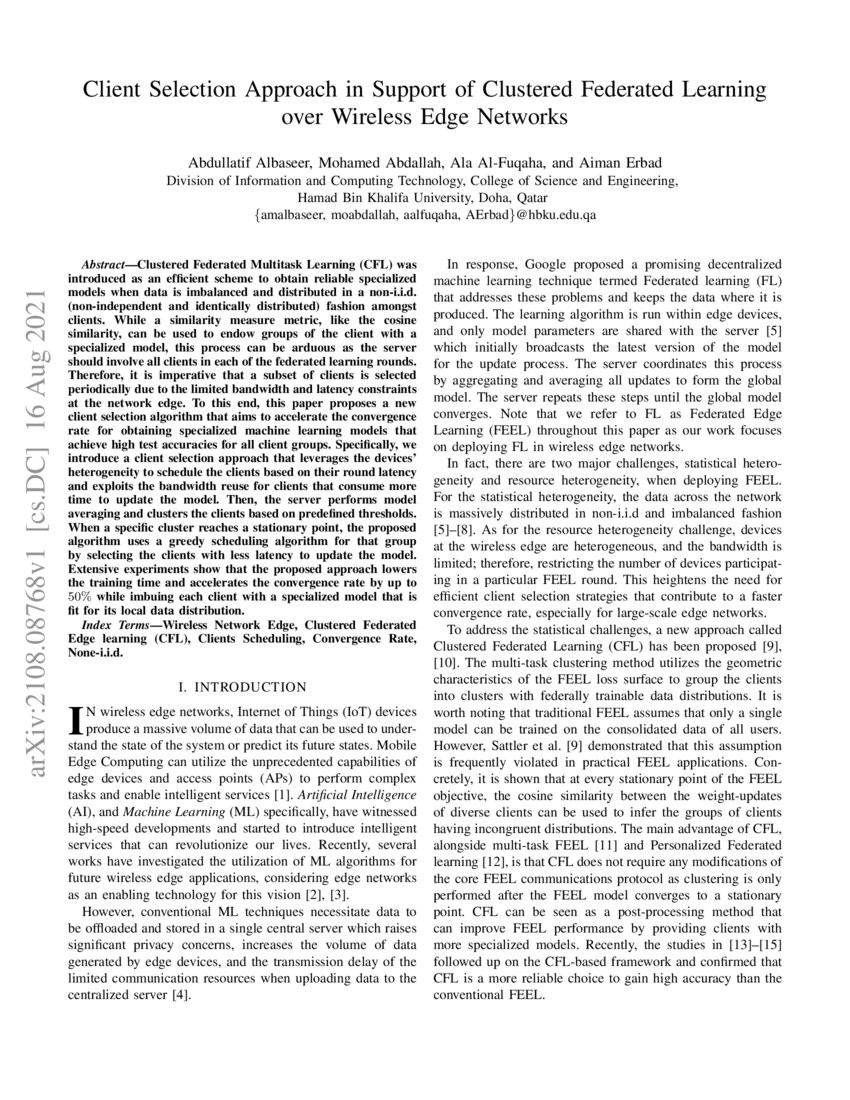 Client Selection Approach In Support Of Clustered Federated Learning Over Wireless Edge Networks