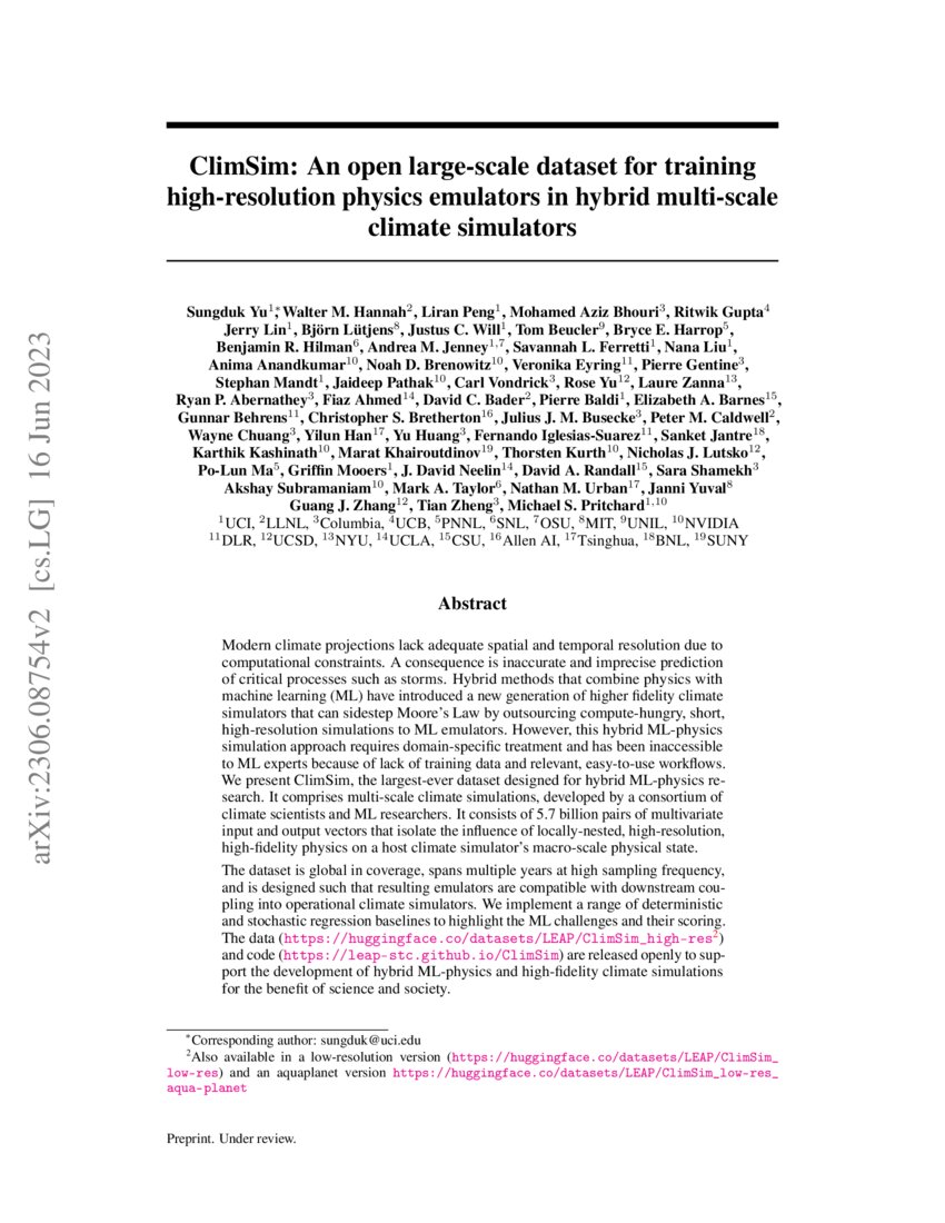 Climsim An Open Large Scale Dataset For Training High Resolution Physics Emulators In Hybrid