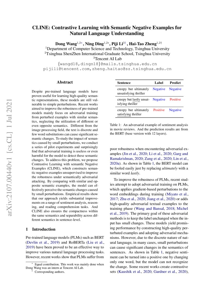 CLINE: Contrastive Learning with Semantic Negative Examples for Natural ...