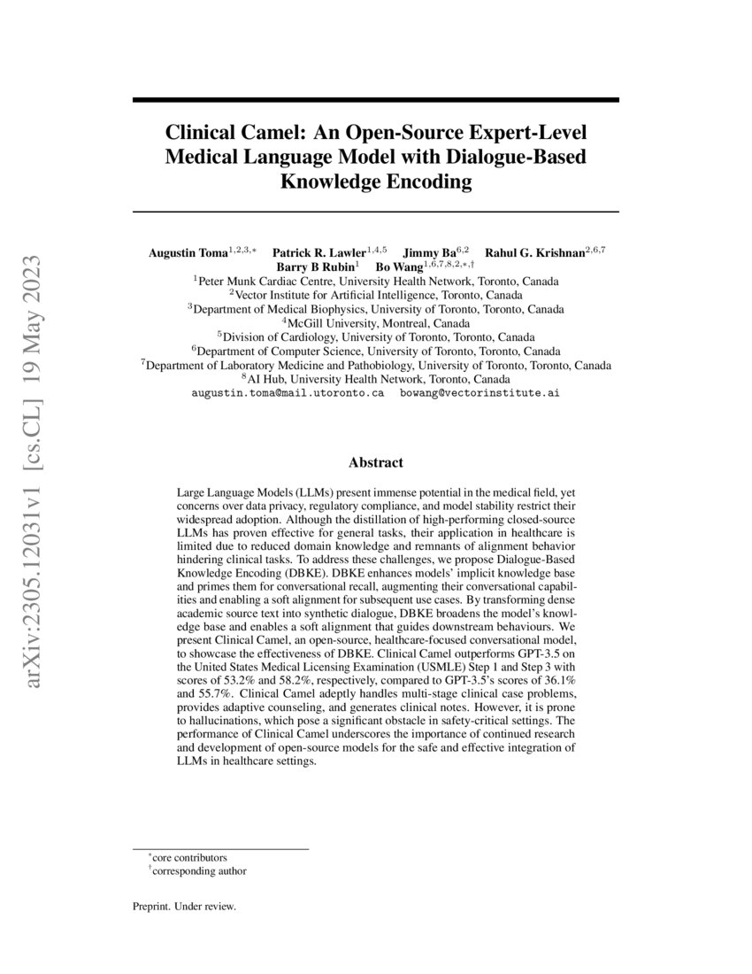 Clinical Camel: An Open-Source Expert-Level Medical Language Model with Dialogue-Based Knowledge ...