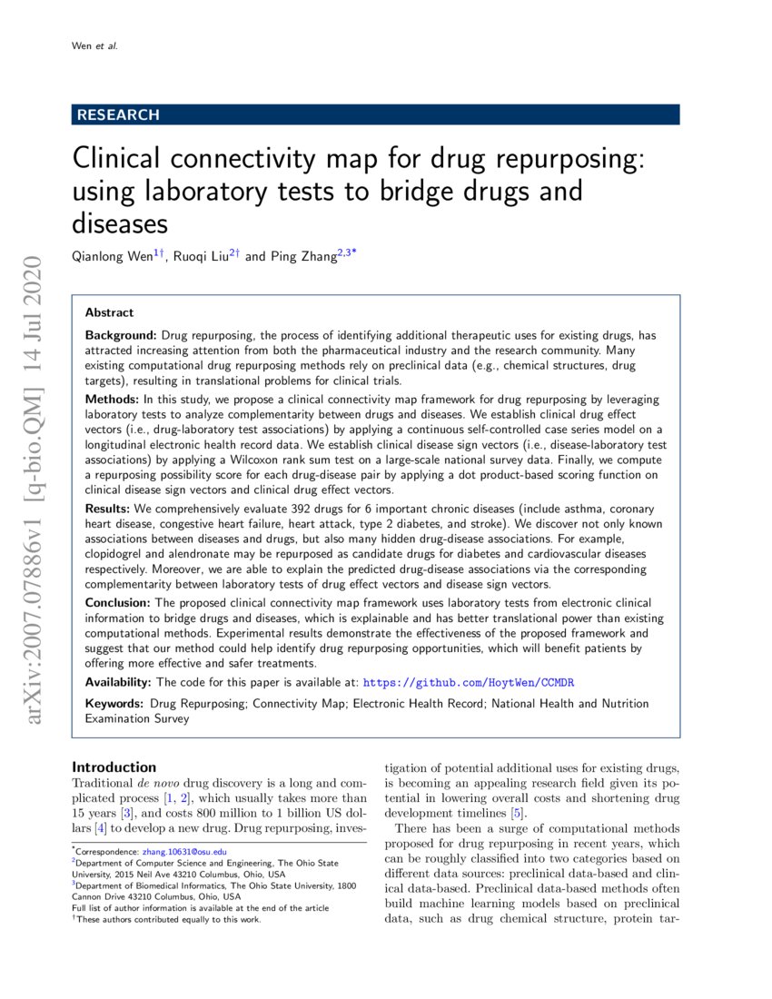 Clinical connectivity map for drug repurposing: using laboratory tests ...