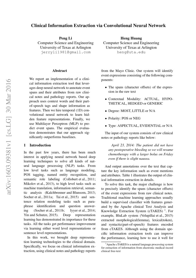 Clinical Information Extraction via Convolutional Neural Network | DeepAI