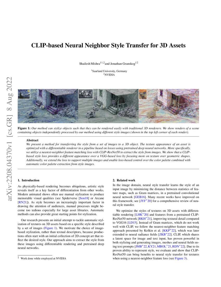CLIP-based Neural Neighbor Style Transfer for 3D Assets | DeepAI