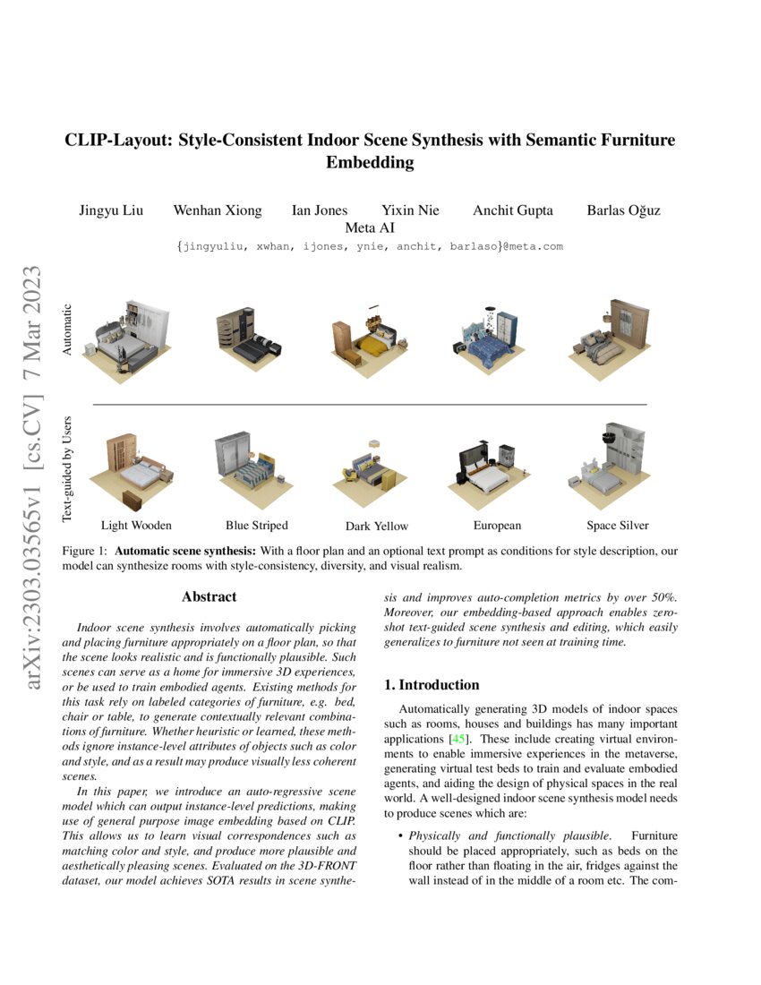 CLIP-Layout: Style-Consistent Indoor Scene Synthesis with Semantic Furniture Embedding | DeepAI