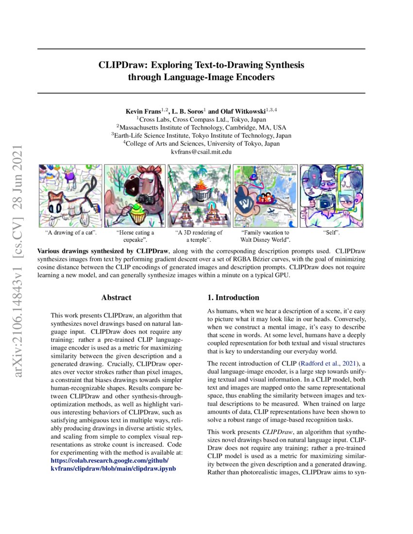 CLIPDraw: Exploring Text-to-Drawing Synthesis through Language-Image Encoders | DeepAI