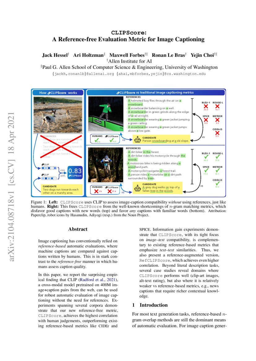 CLIPScore: A Reference-free Evaluation Metric for Image Captioning | DeepAI