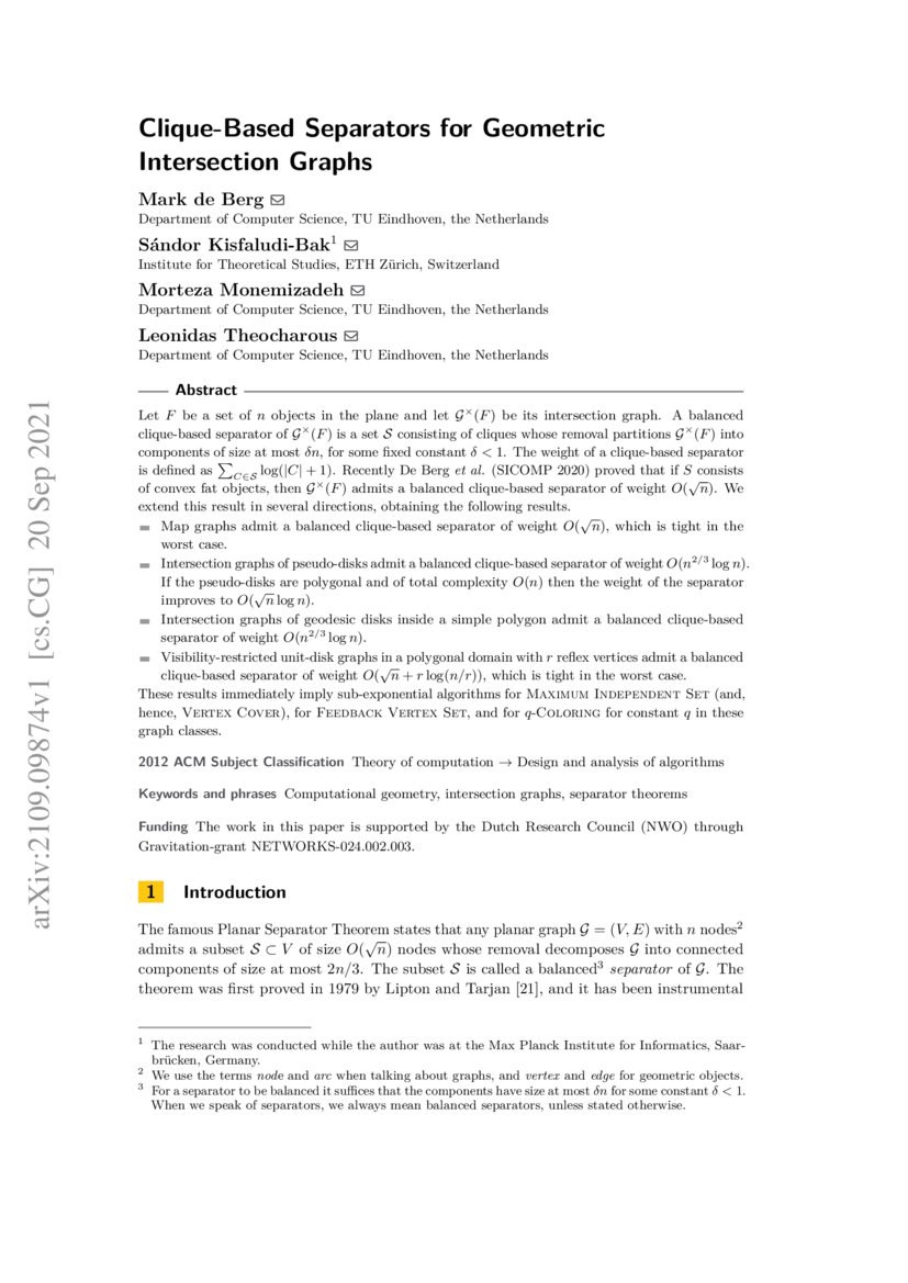 Clique-Based Separators for Geometric Intersection Graphs | DeepAI