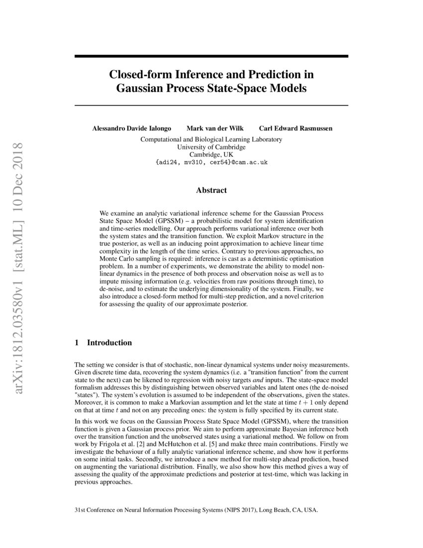Closed Form Inference And Prediction In Gaussian Process State Space