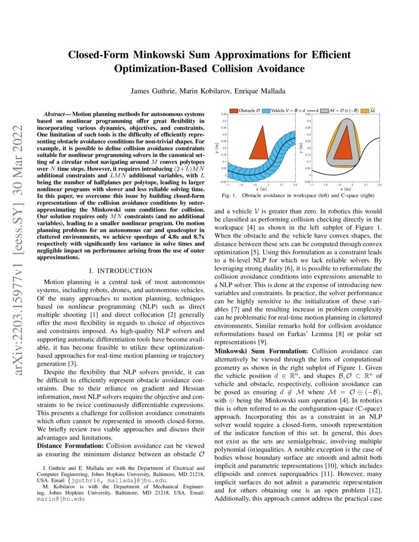 Closed-Form Minkowski Sum Approximations for Efficient Optimization-Based Collision Avoidance ...