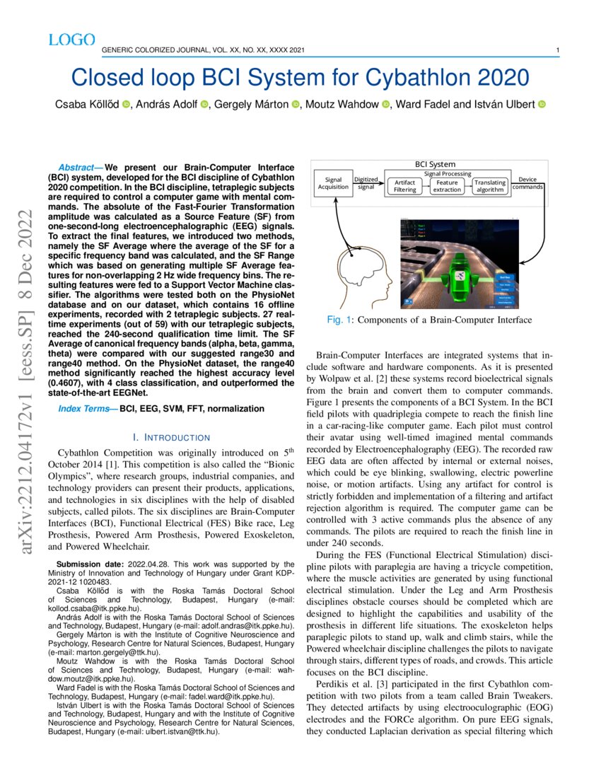 Closed loop BCI System for Cybathlon 2020 | DeepAI