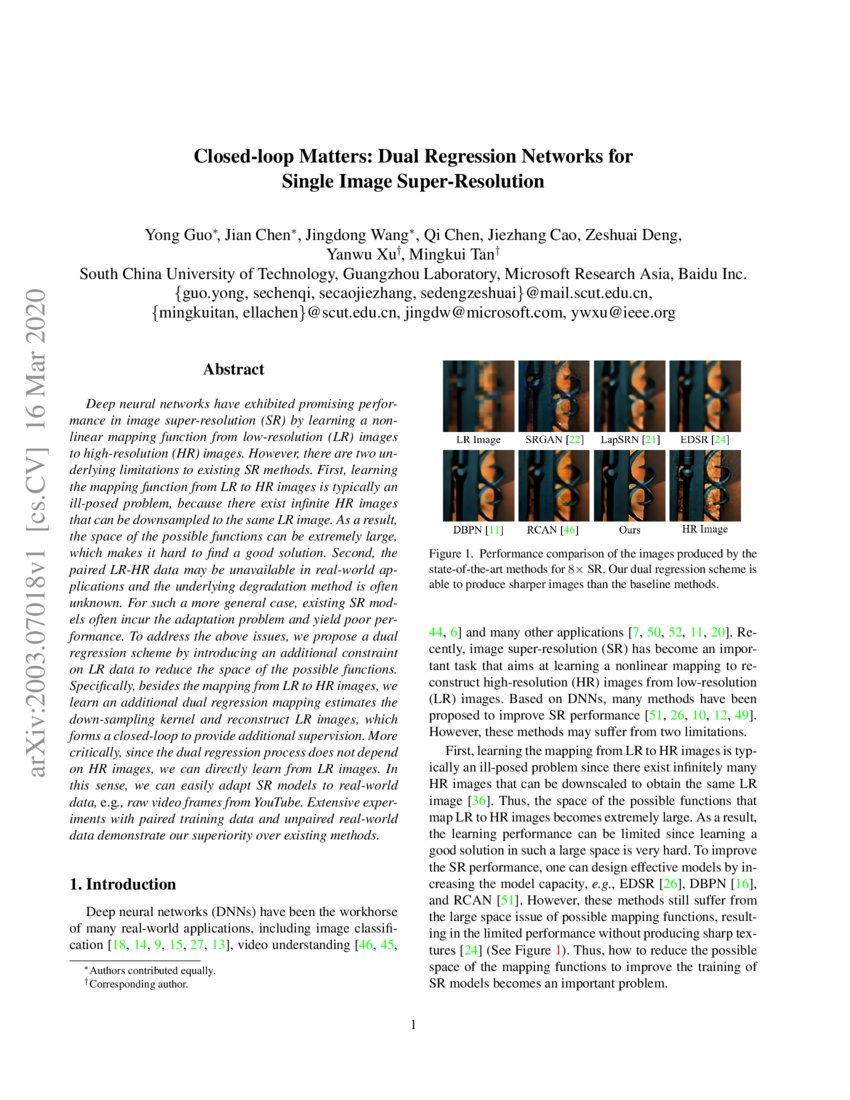 Closed-loop Matters: Dual Regression Networks for Single Image Super-Resolution | DeepAI