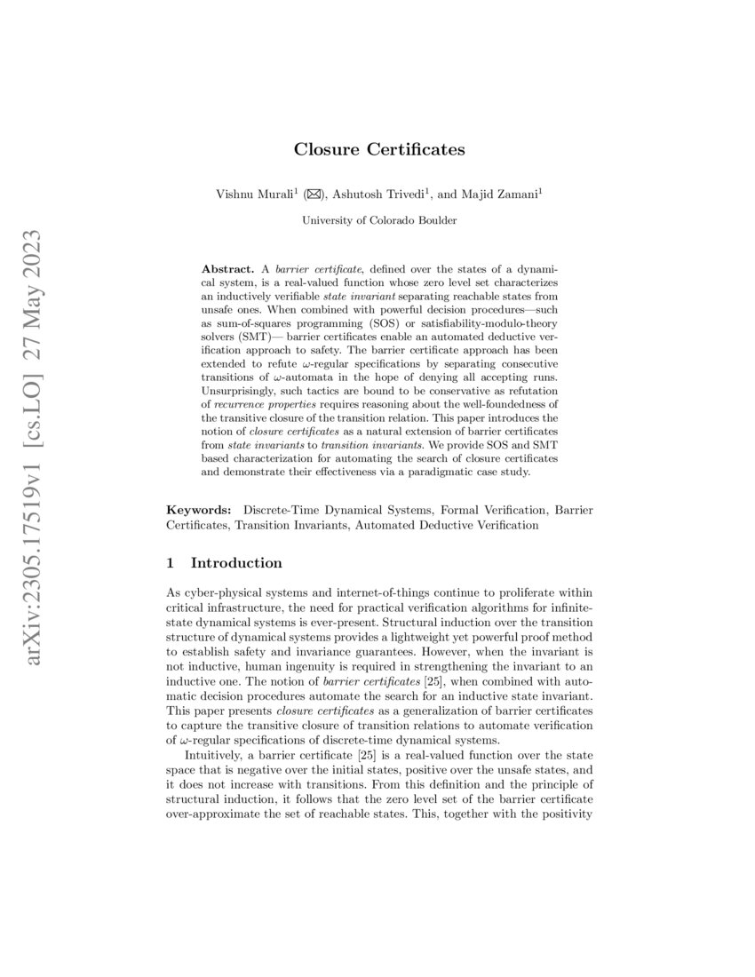 Closure Certificates | DeepAI