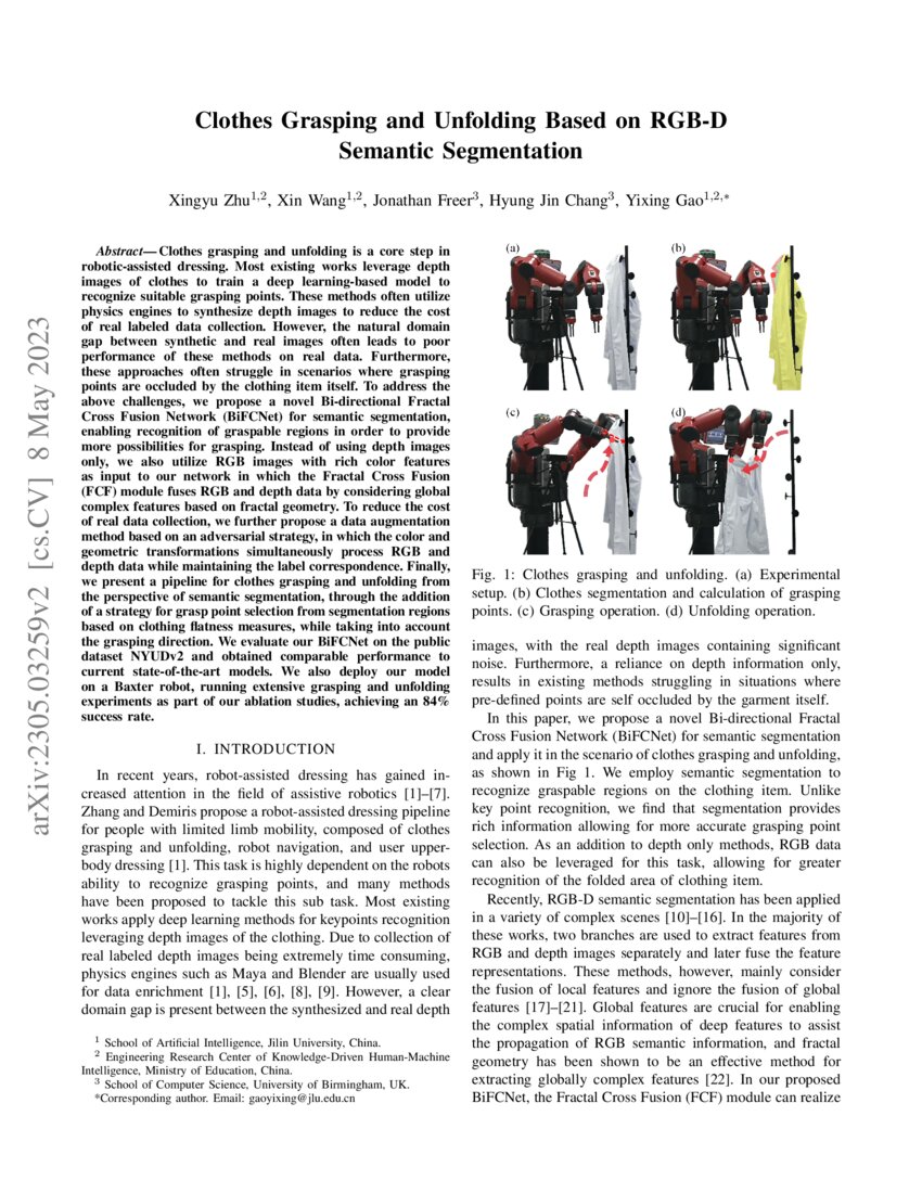 Clothes Grasping And Unfolding Based On Rgb D Semantic Segmentation Deepai