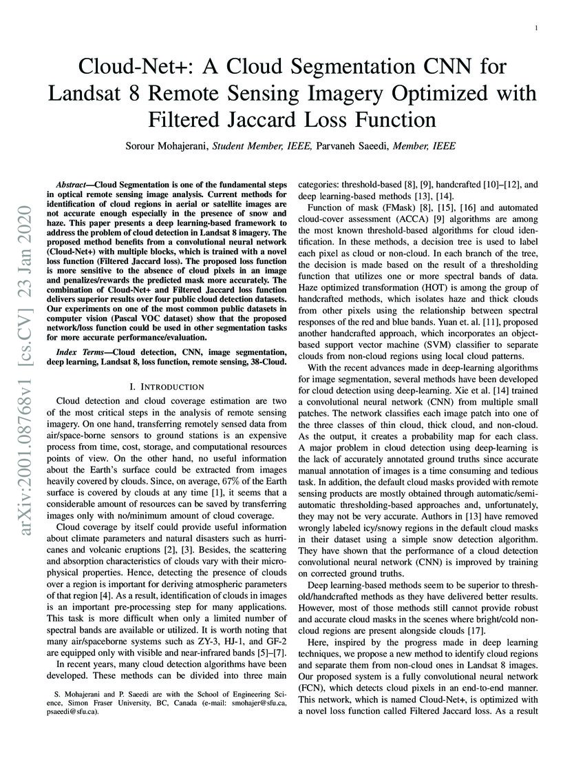 Cloud Net A Cloud Segmentation Cnn For Landsat 8 Remote Sensing Imagery Optimized With