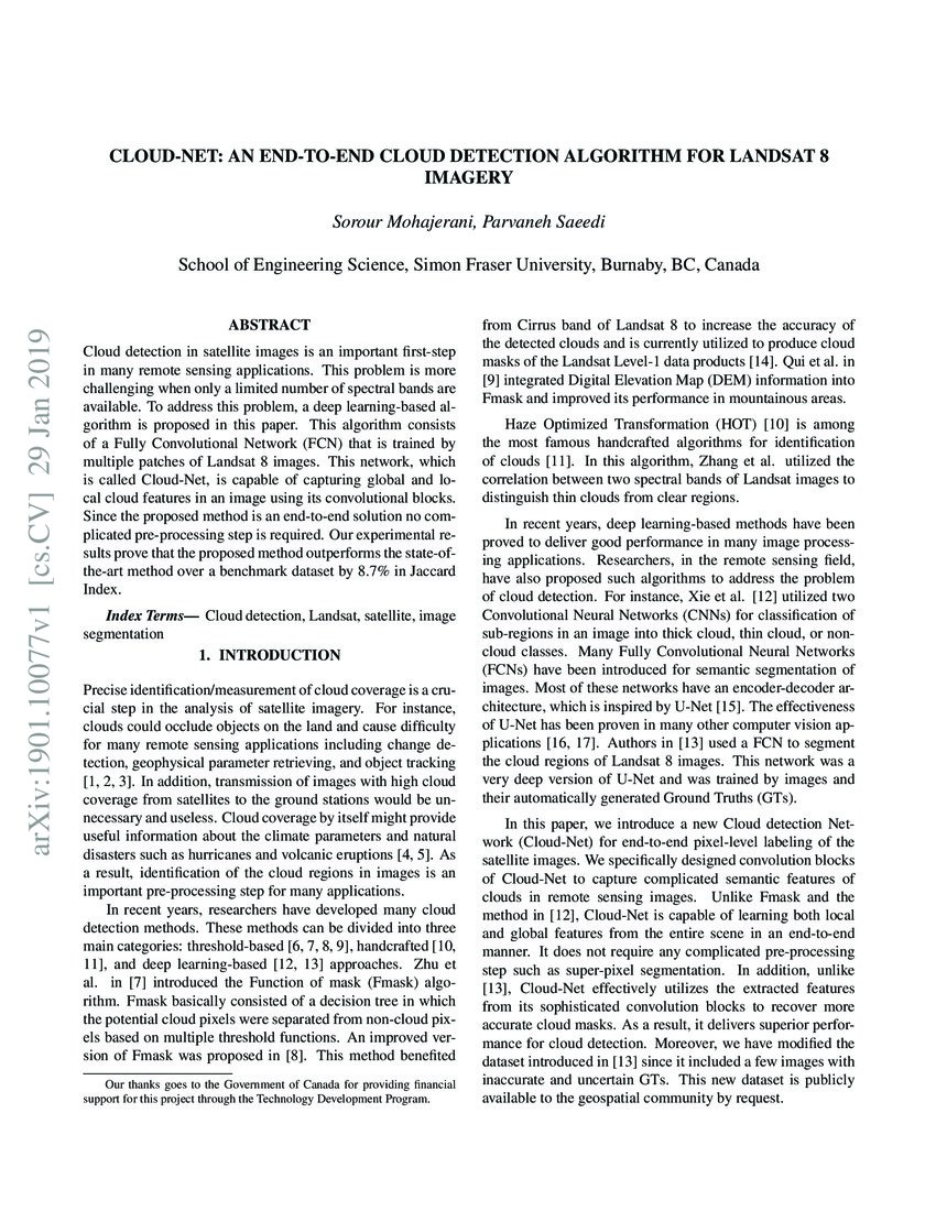 Cloud Net An End To End Cloud Detection Algorithm For Landsat 8