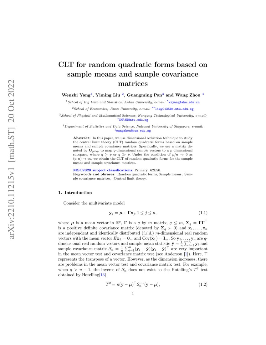 CLT for random quadratic forms based on sample means and sample covariance matrices | DeepAI