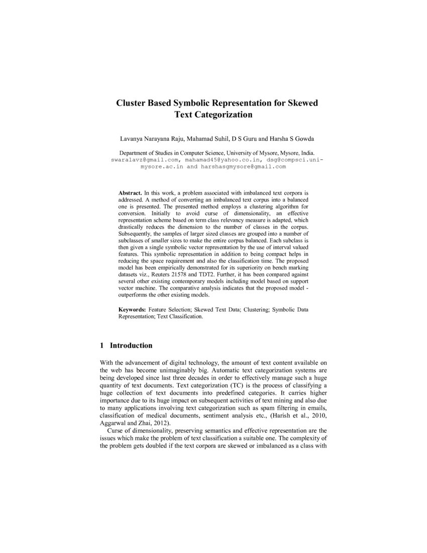 Cluster Based Symbolic Representation for Skewed Text Categorization | DeepAI