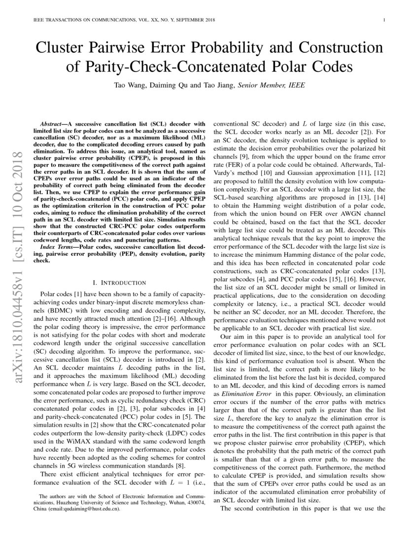 Cluster Pairwise Error Probability and Construction of Parity-Check-Concatenated Polar Codes ...