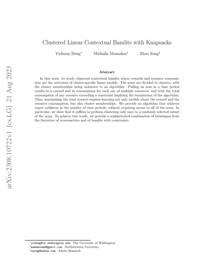 Clustered Linear Contextual Bandits With Knapsacks Deepai